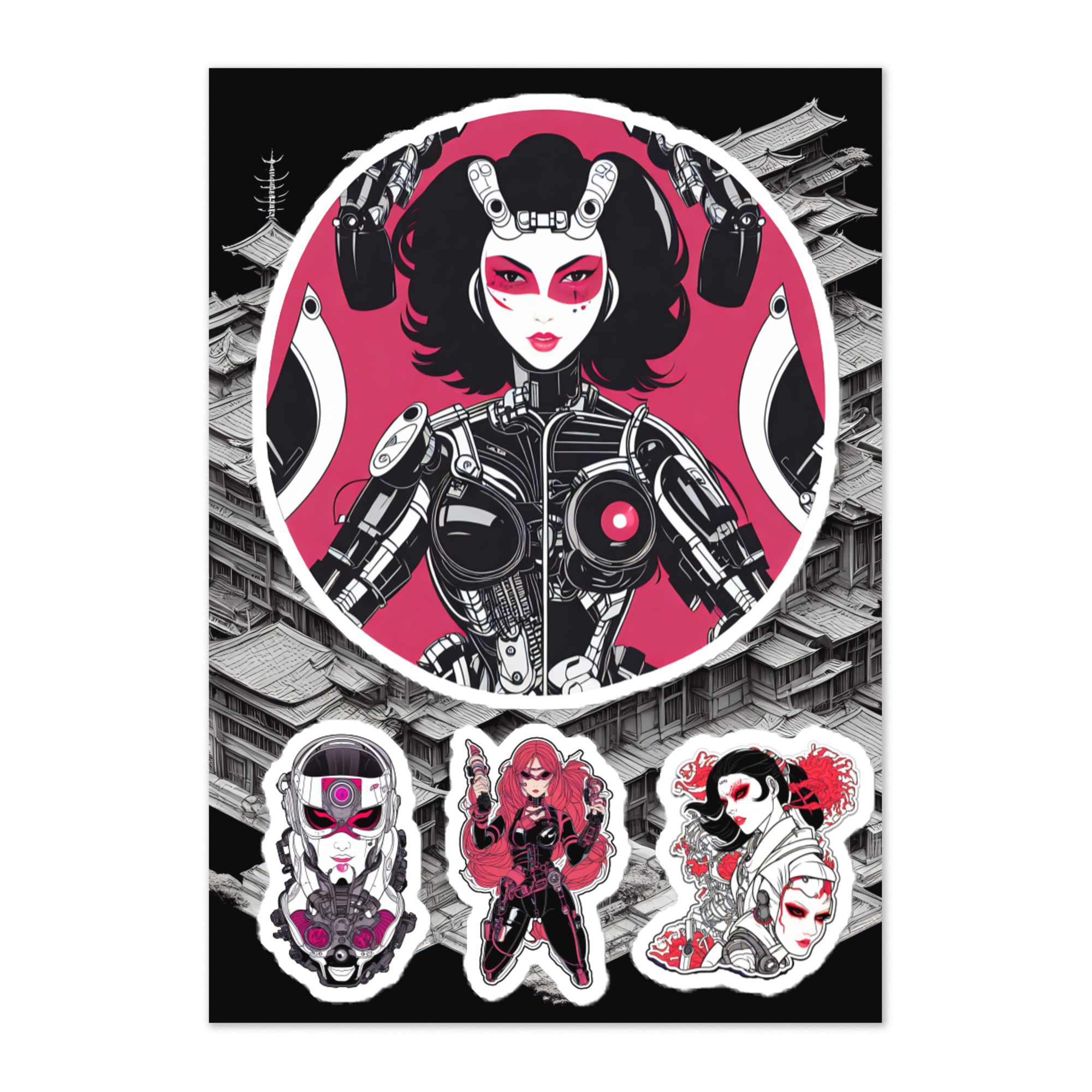 Riku CYBERPUNK GEISHA #456885 - 4 Sticker Pack - Owen Prescott